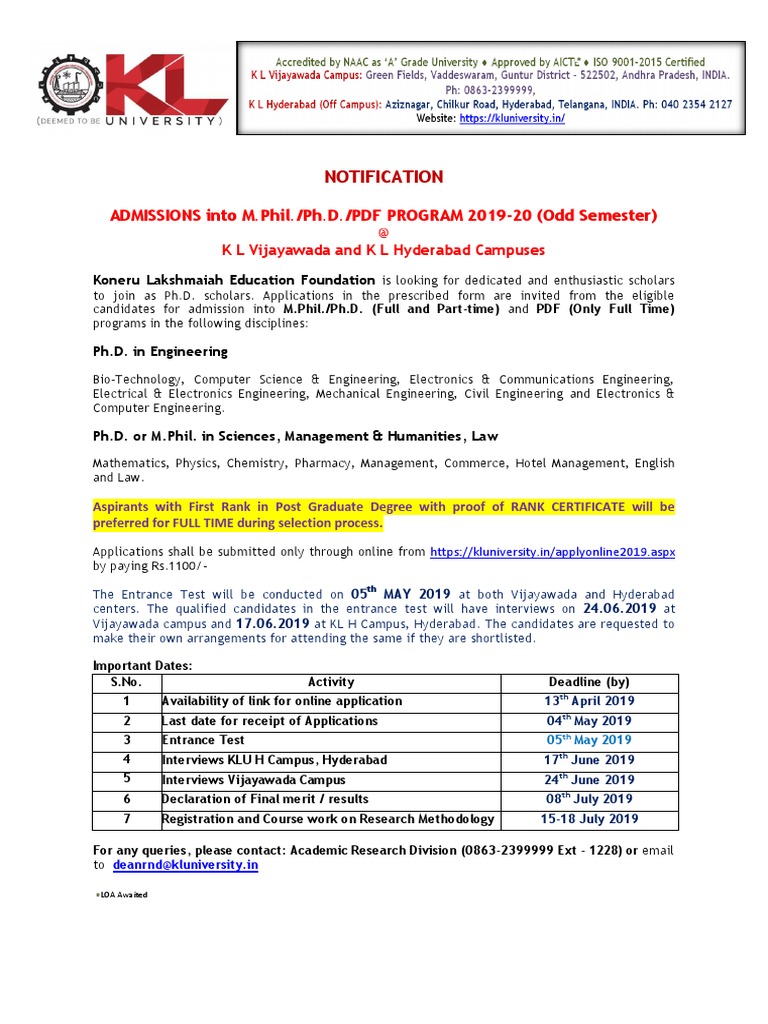 PHD Notification 2019 2020 Odd Semester PDF | PDF | Doctor Of Philosophy | Engineering