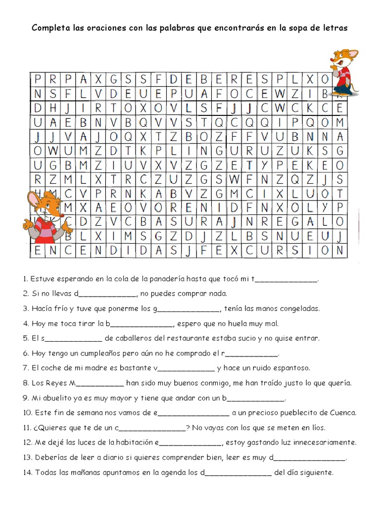 Completa oraciones con sopa de letras | PDF | Ocio