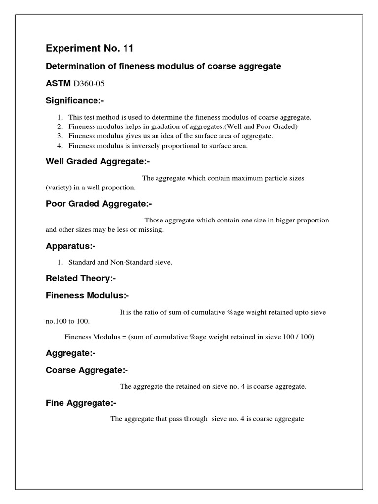 Experiment No. 11: Determination of Fineness Modulus of Coarse ...