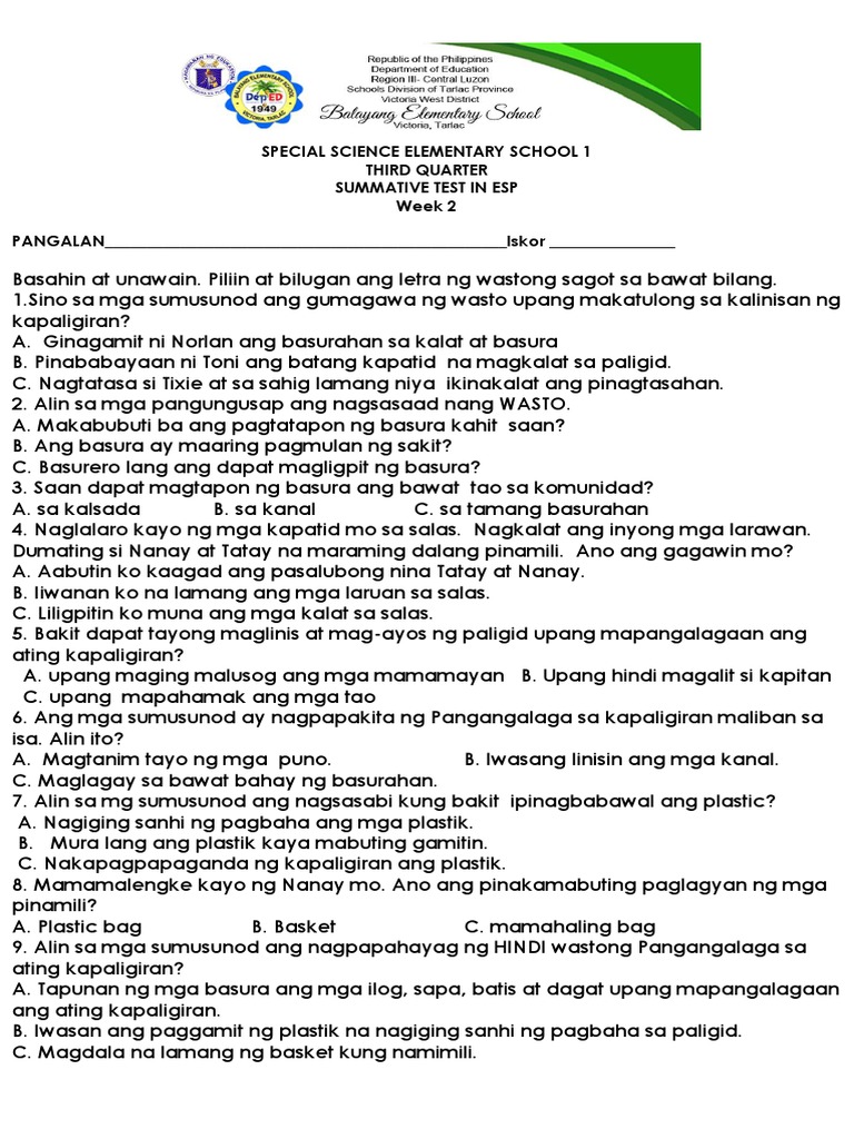 Summative Test All Subjects 1 q3 #2 | PDF