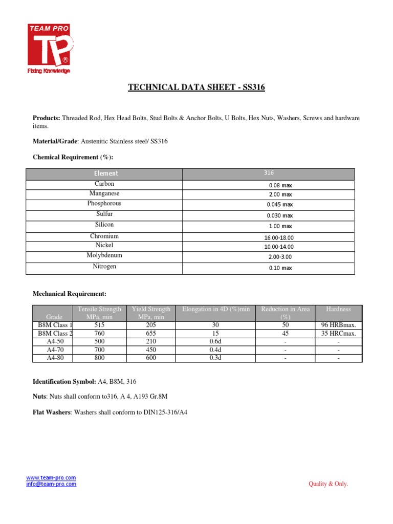 A4 (SS 316) Data Sheet | PDF | Screw | Steel
