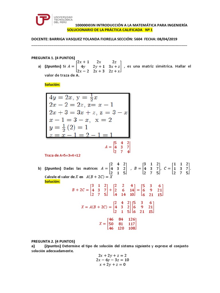 Solucionario Pc1 Imi 19-1-5604 | PDF | Determinante | Matriz (Matemáticas)