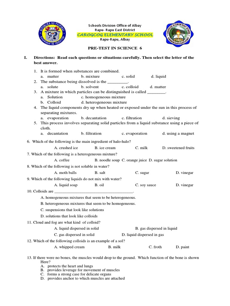 Pre-Test Science 6 | PDF | Solution | Volcano