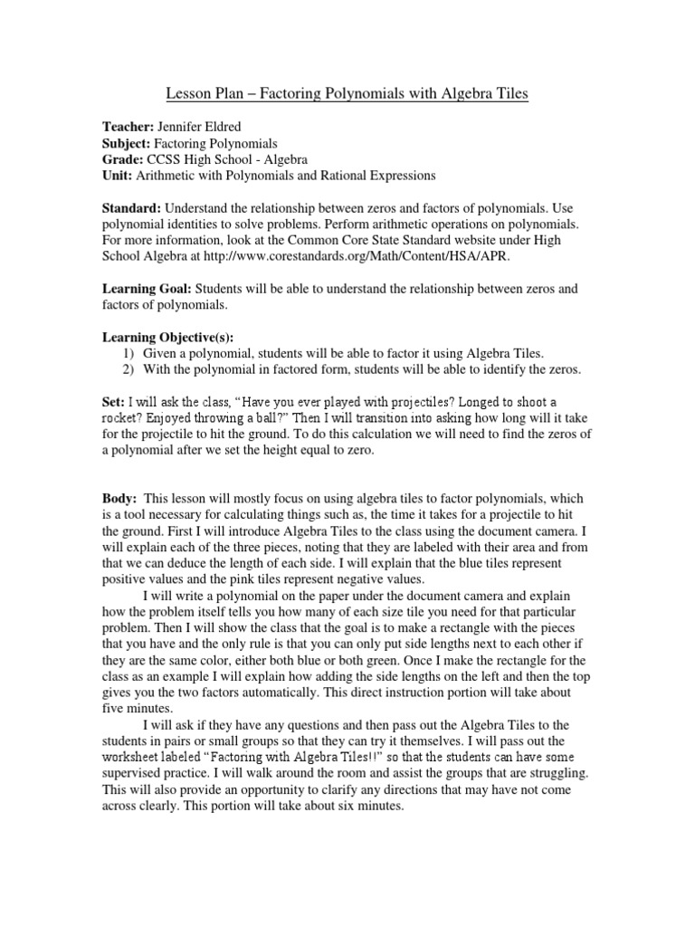 Factoring Polynomials With Algebra Tiles Lesson Plan | PDF | Polynomial ...