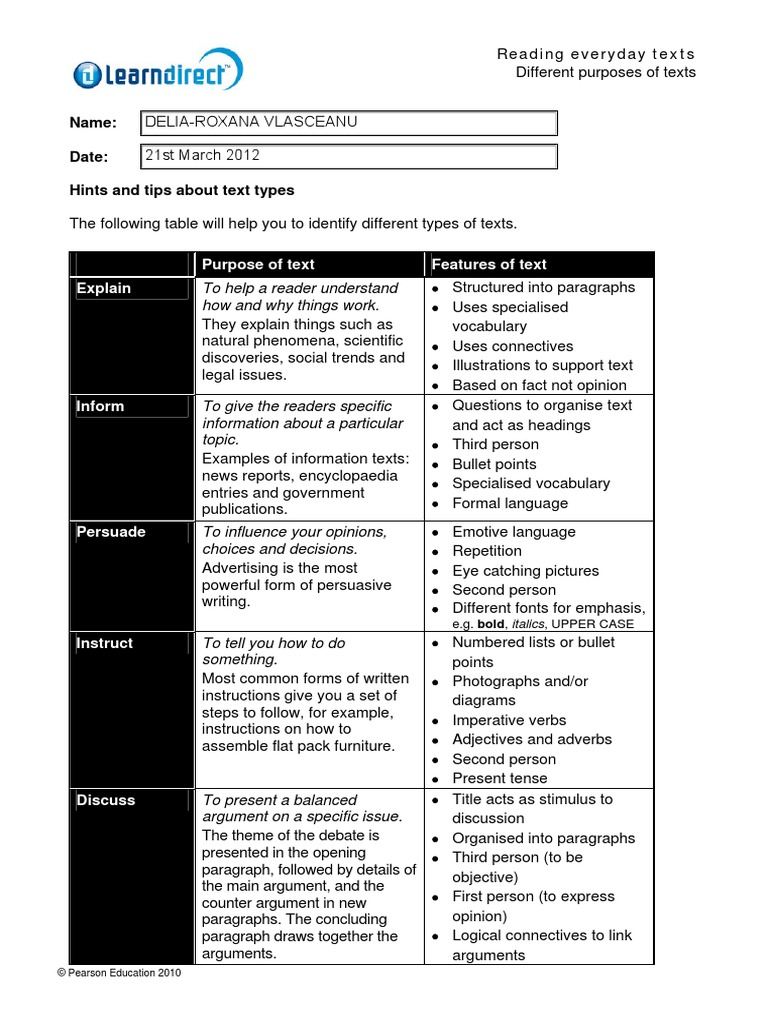 Purpose of Text Features of Text Explain: Delia-Roxana Vlasceanu | PDF ...