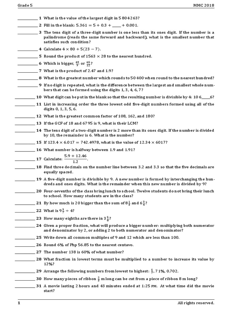 Grade 5 Math Test with 50 Questions and Answers | PDF | Fraction ...
