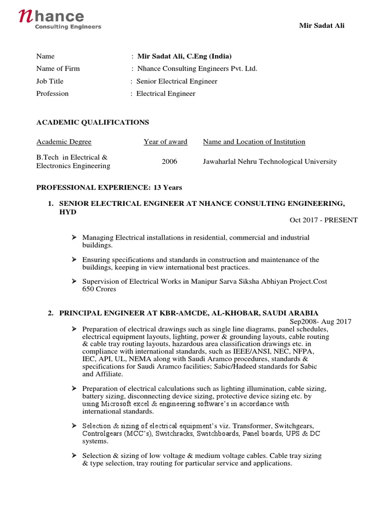 CV of Mir Sadat Ali-Nhance | PDF | Electrical Engineering | Power (Physics)