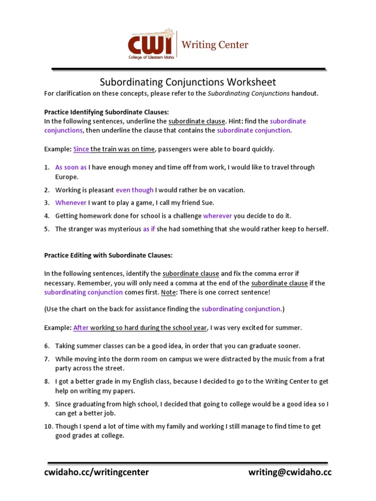Subordinating Conjunctions Worksheet