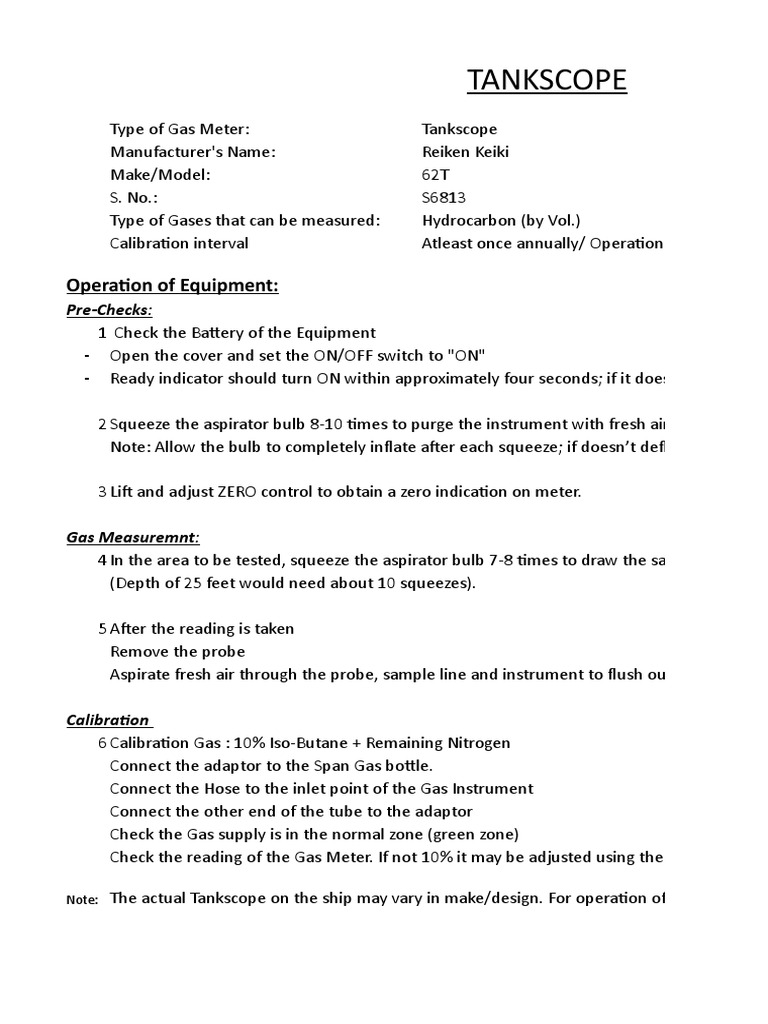 Tankscope: Operation of Equipment | PDF | Calibration | Gases