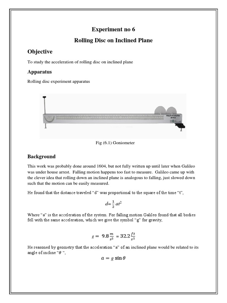 Experiment No 6 Rolling Disc On Inclined Plane Objective: Apparatus ...