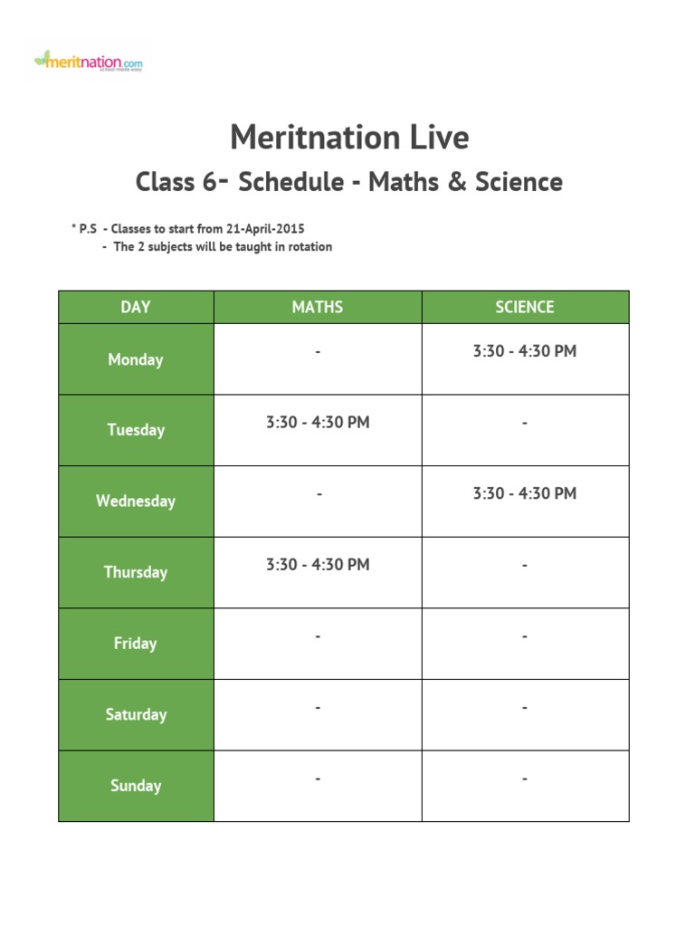 Class 6 Maths & Science Schedule | PDF