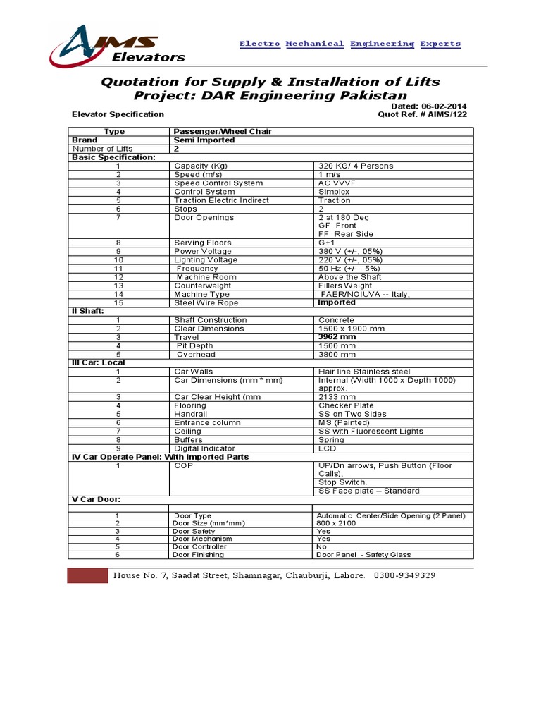 Elevators Quotation For Supply & Installation of Lifts Project: DAR ...