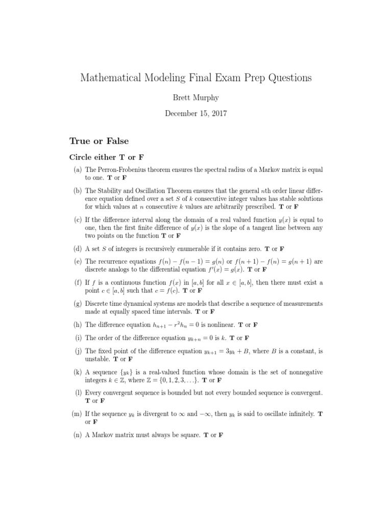 Mathematical Modeling Final Exam Prep Questions: True or False | PDF ...