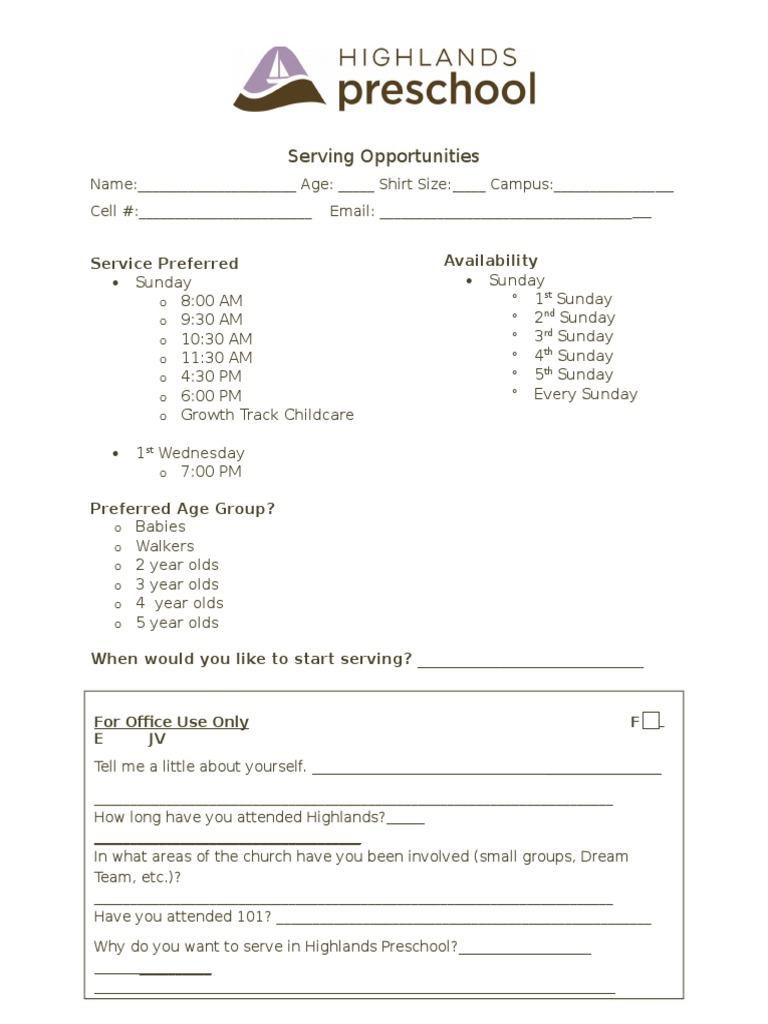 Nursery Preschool Preference Sheet | PDF