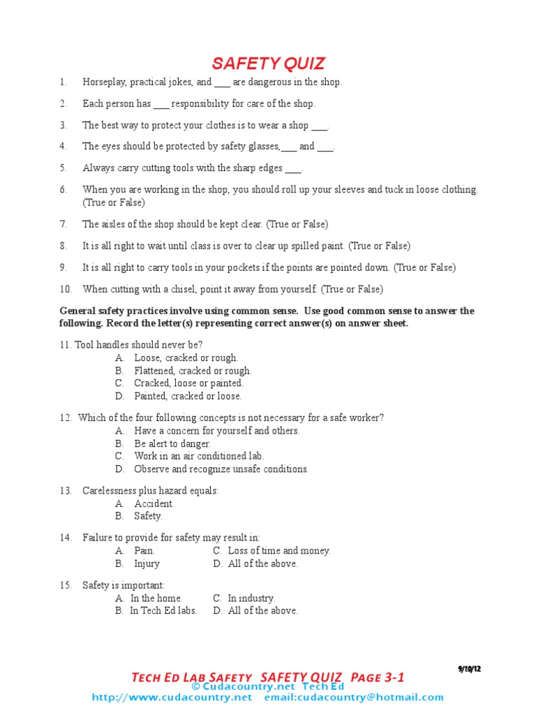 Tech Ed Lab Safety SAFETY QUIZ Page 3-1 | PDF | Safety | Occupational ...