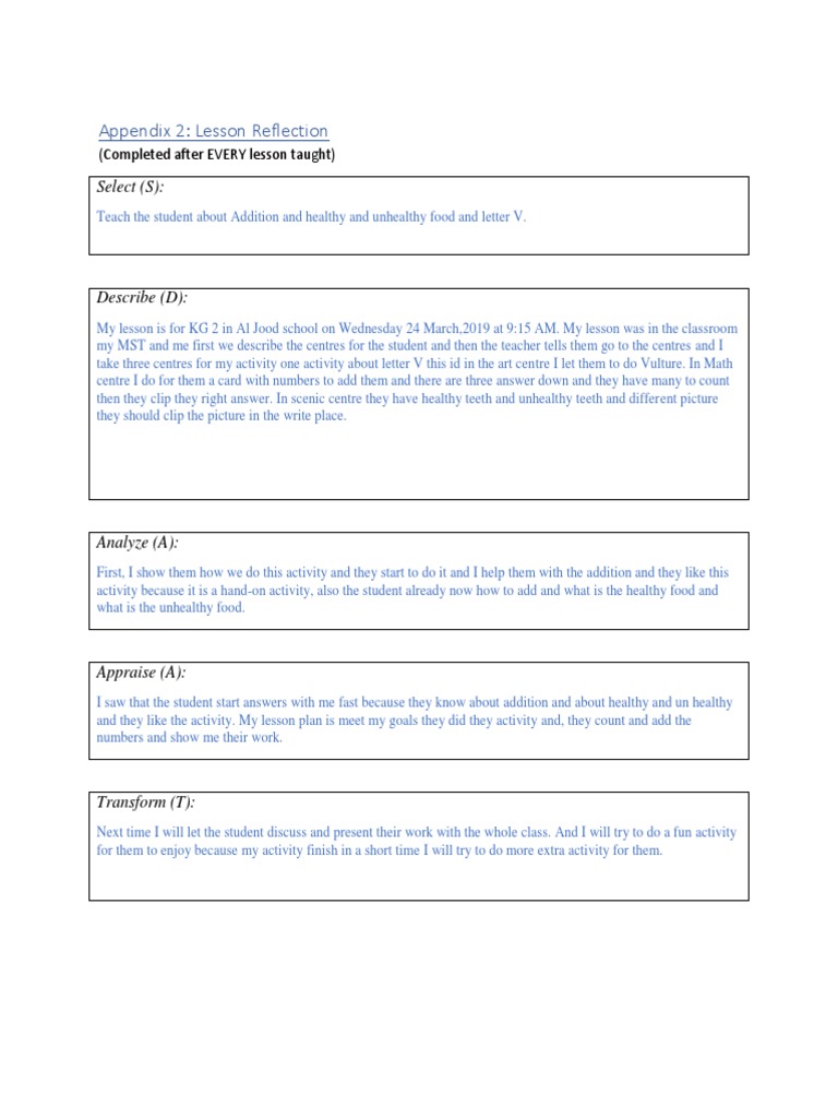Appendix 2: Lesson Reflection: Select (S) | PDF | Career & Growth