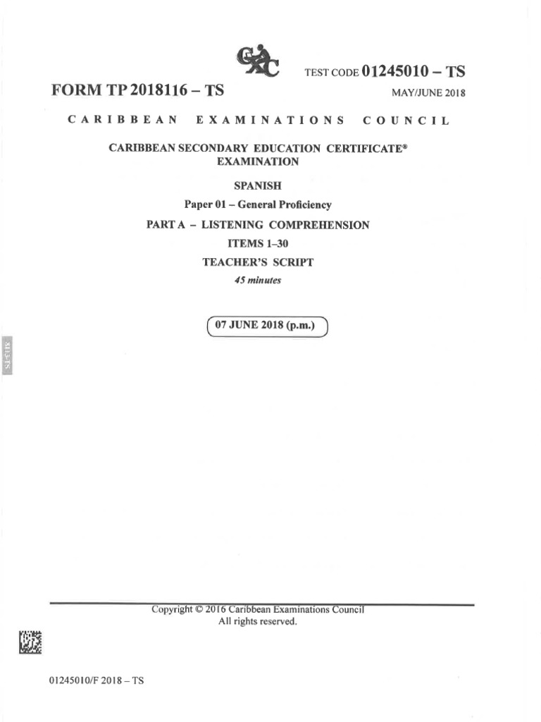 CSEC Spanish Paper 1 2018 | PDF