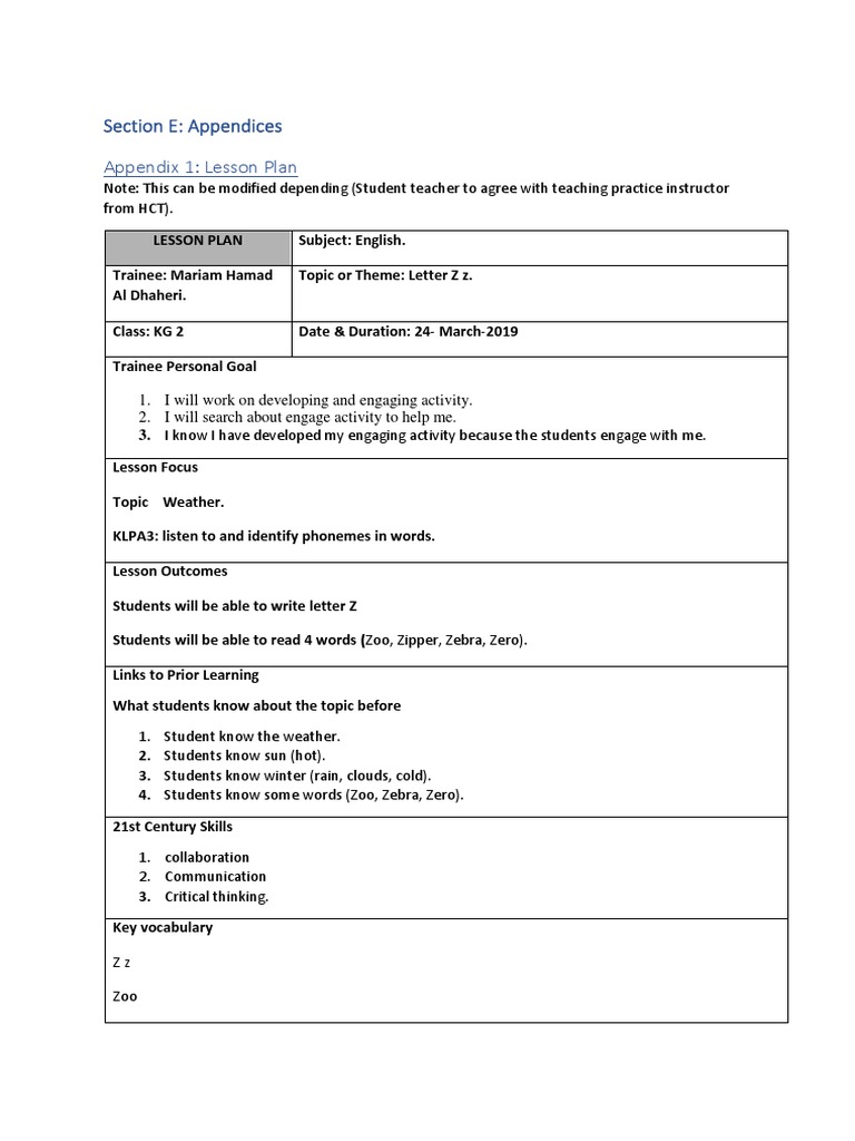 Section E: Appendices Appendix 1: Lesson Plan | PDF | Lesson Plan ...