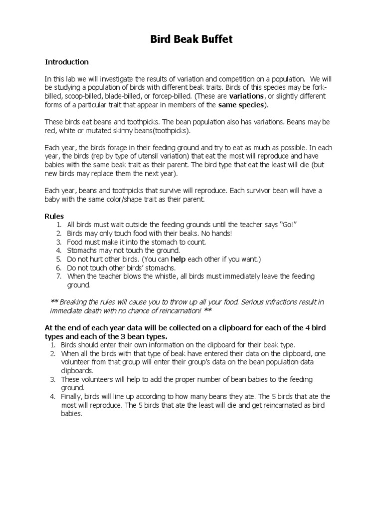 Bird Beak Lab Student Sheet | PDF | Natural Selection | Beak