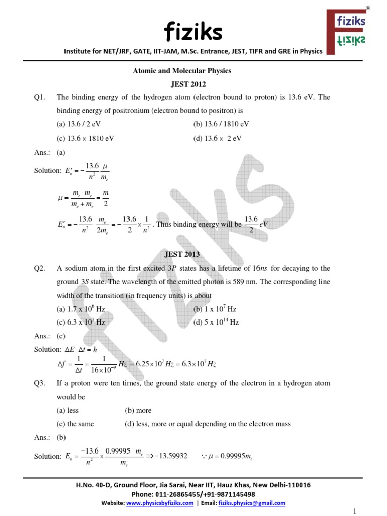 JEST Physics Solutions: Atomic Focus | PDF | Electronvolt | Electron