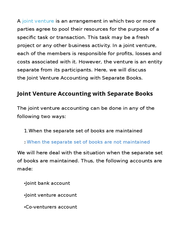 Joint Venture Accounting With Separate Books | PDF