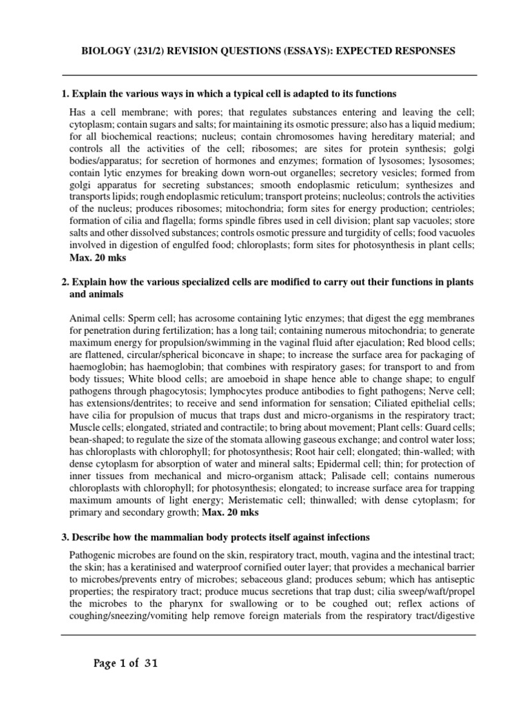 Biology Essay Questions Expected Answers PDF | PDF | Digestion | Heart