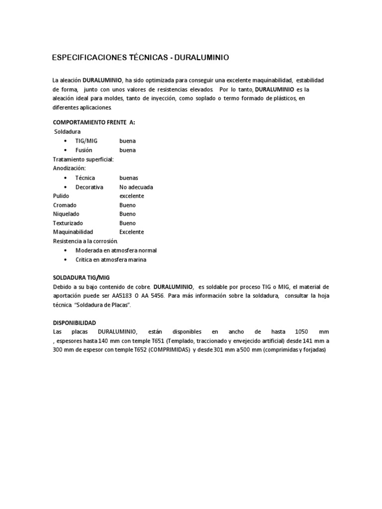Duraluminio Especificaciones Tecnicas | PDF | Cobre | Aluminio