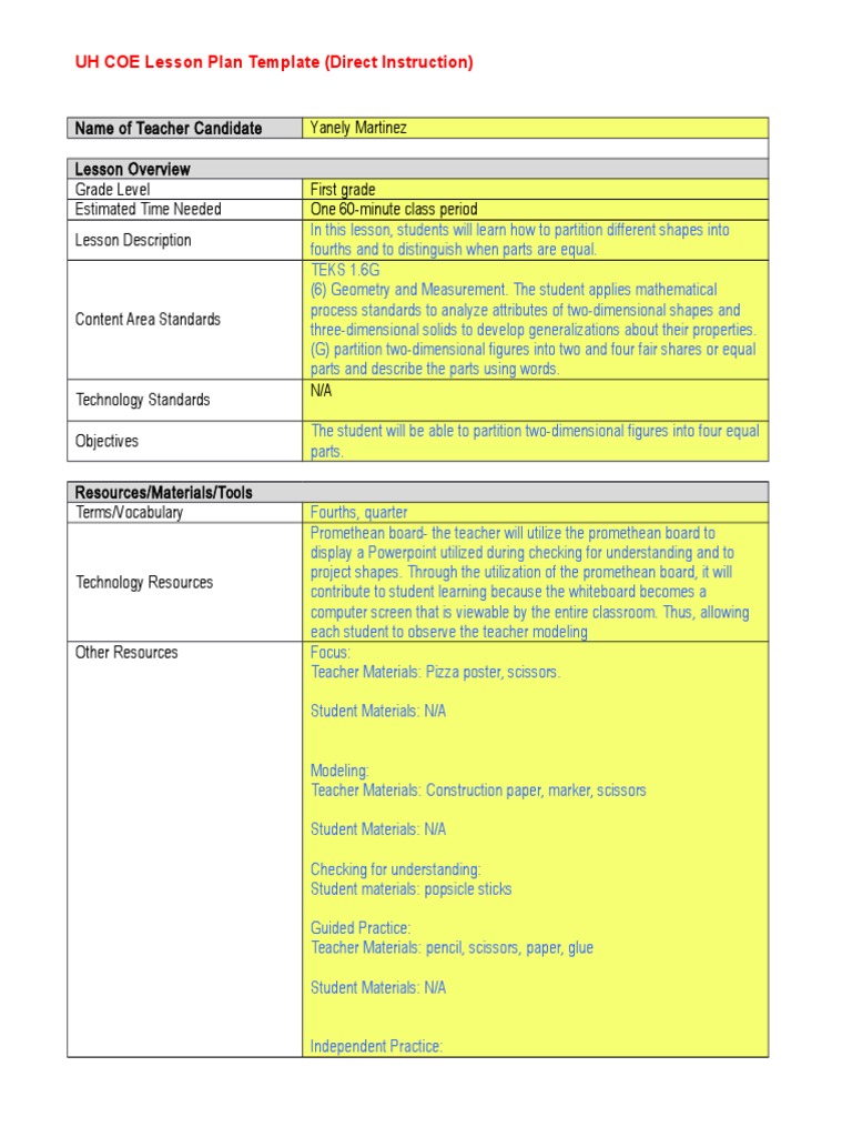 UH COE Lesson Plan Template (Direct Instruction) | Download Free PDF ...