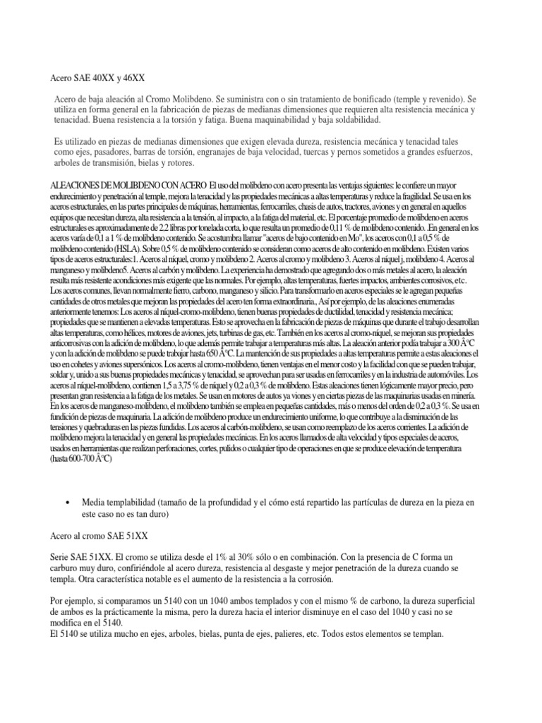 Propiedades y Usos del Acero SAE 40XX y 46XX | PDF | Molibdeno | Acero