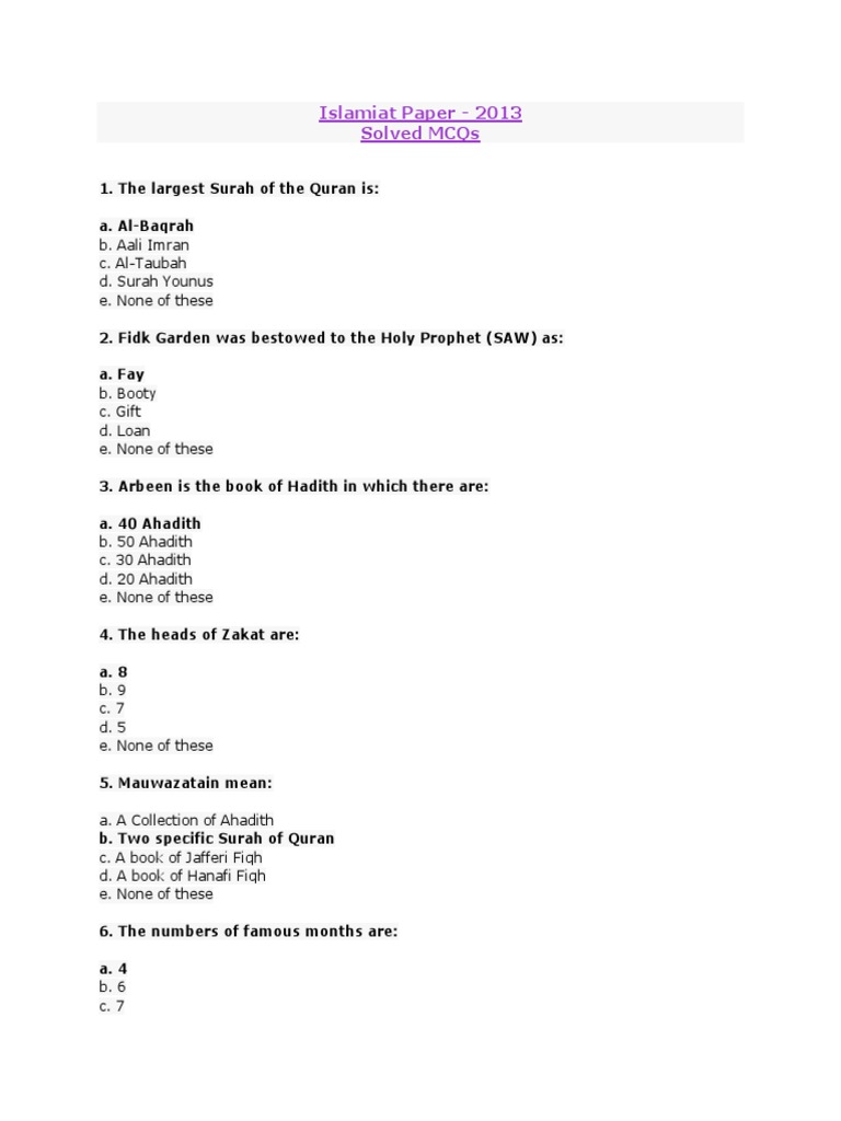 Islamiat Past Papers | PDF | Muhammad | Medina