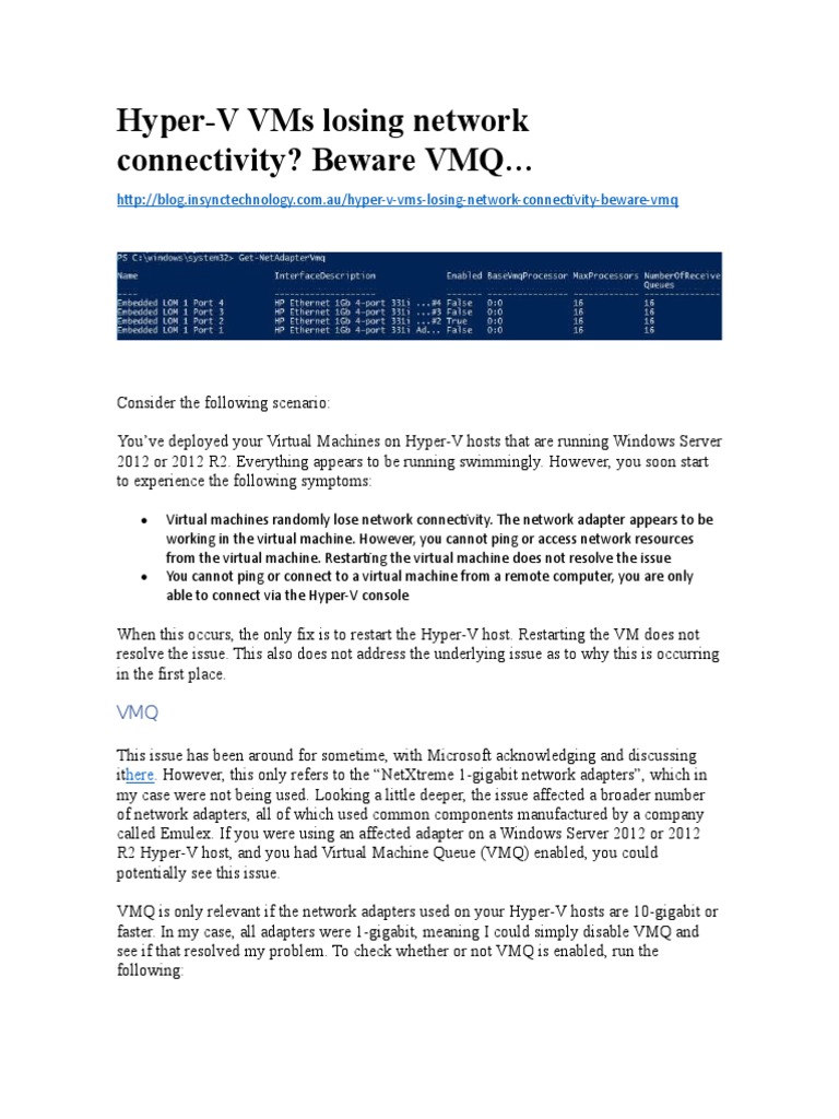 Velocidad de Red HyperV Lento Desactivar VMQ | PDF | Hyper V | Network Interface Controller