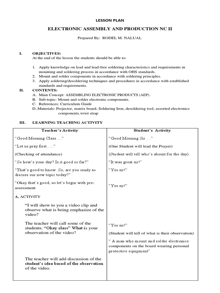 Lesson Plan Electronic Assembly and Production NC Ii: I. Objectives ...