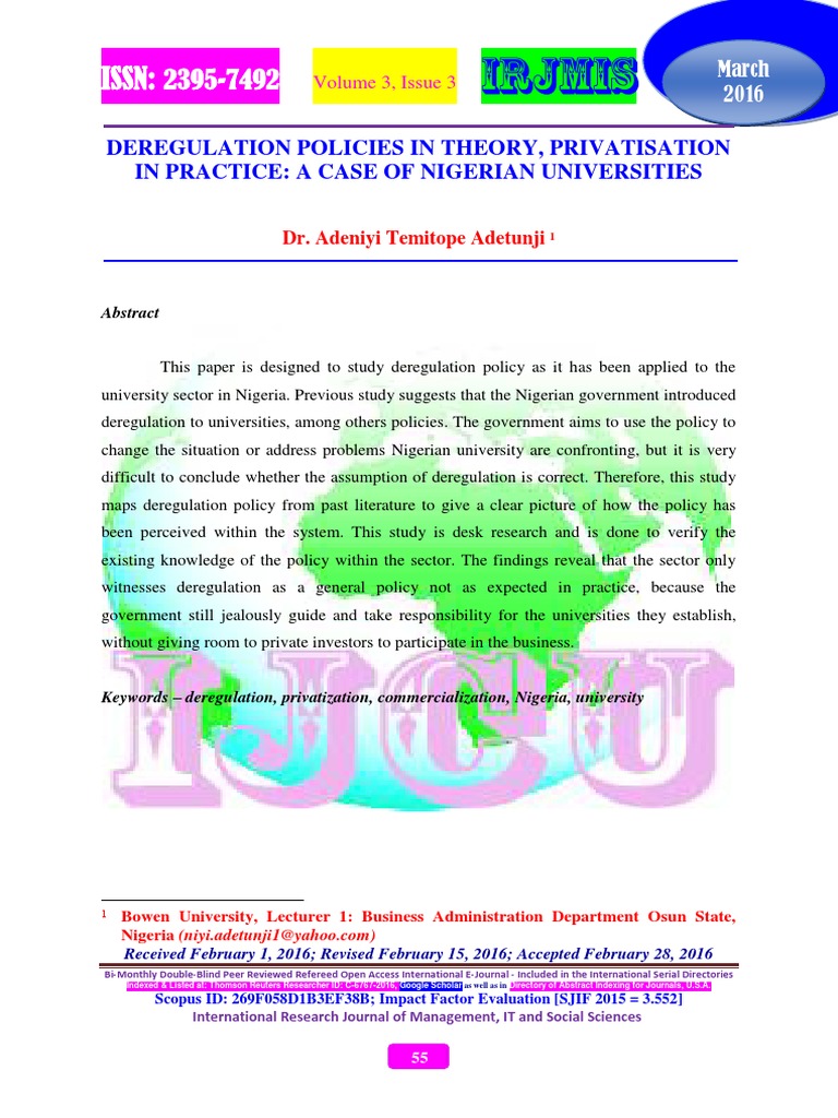 Deregulation Policies in Theory, Privatisation in Practice: A Case of ...