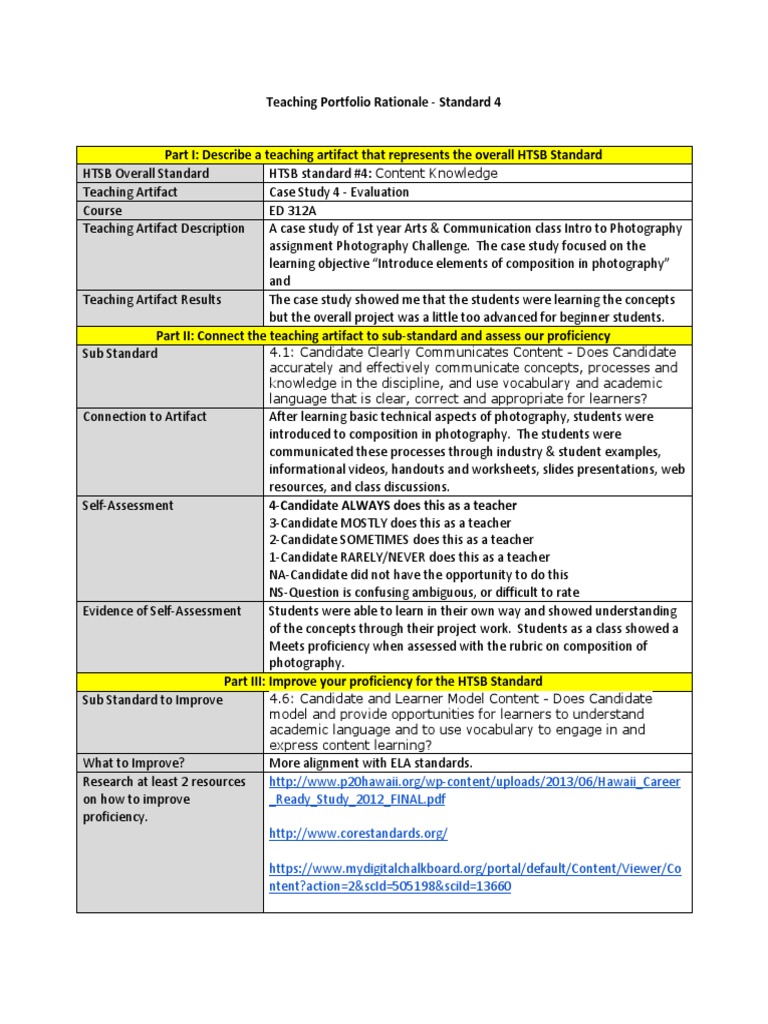 Teaching Portfolio Rationale - Standard 4 - Sub 4 | PDF | Learning ...