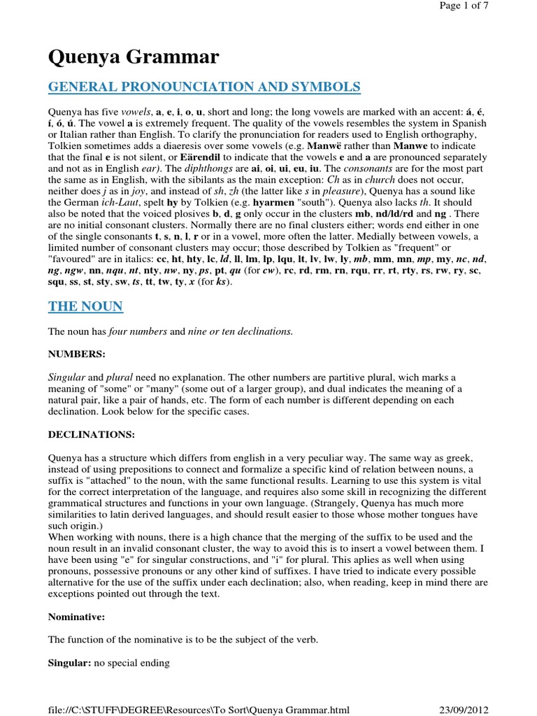 Quenya Grammar: General Pronounciation and Symbols | PDF | Plural ...