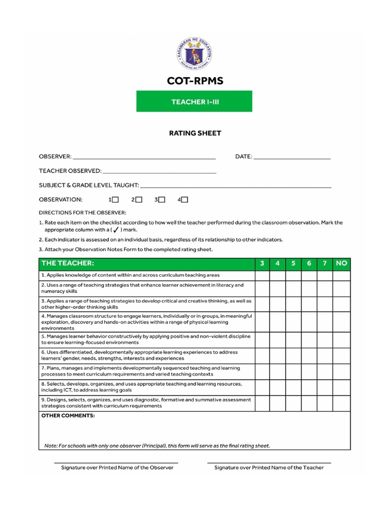 COT FORMS (Pre-Observation, Rating Sheet, Observation Notes) | PDF