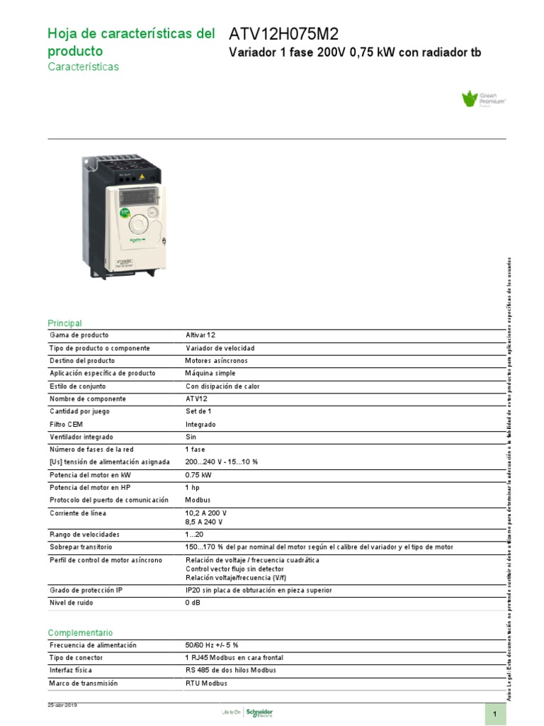 Altivar 12 - ATV12H075M2 | PDF | Esfuerzo de torsión | Corriente alterna