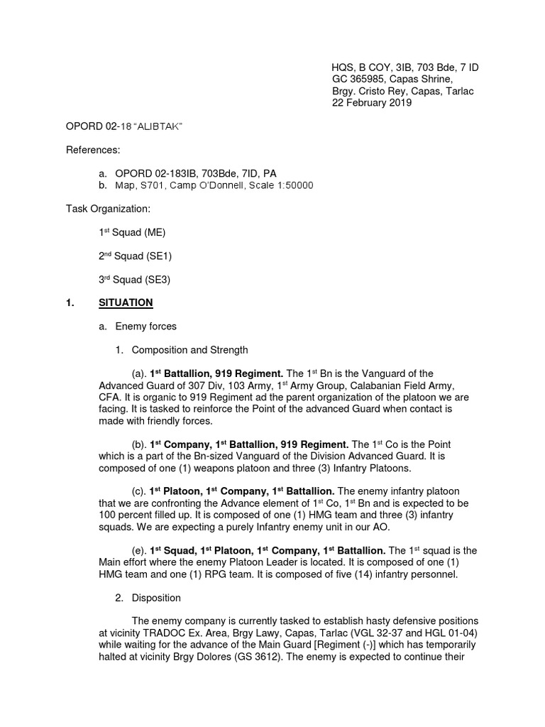 Opord Brief | Reconnaissance | Company (Military Unit)