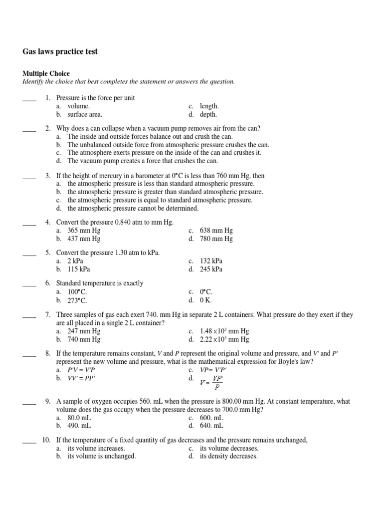 Chem Preap Gas Laws Practice Test With Answers | PDF | Gases | Mole (Unit)