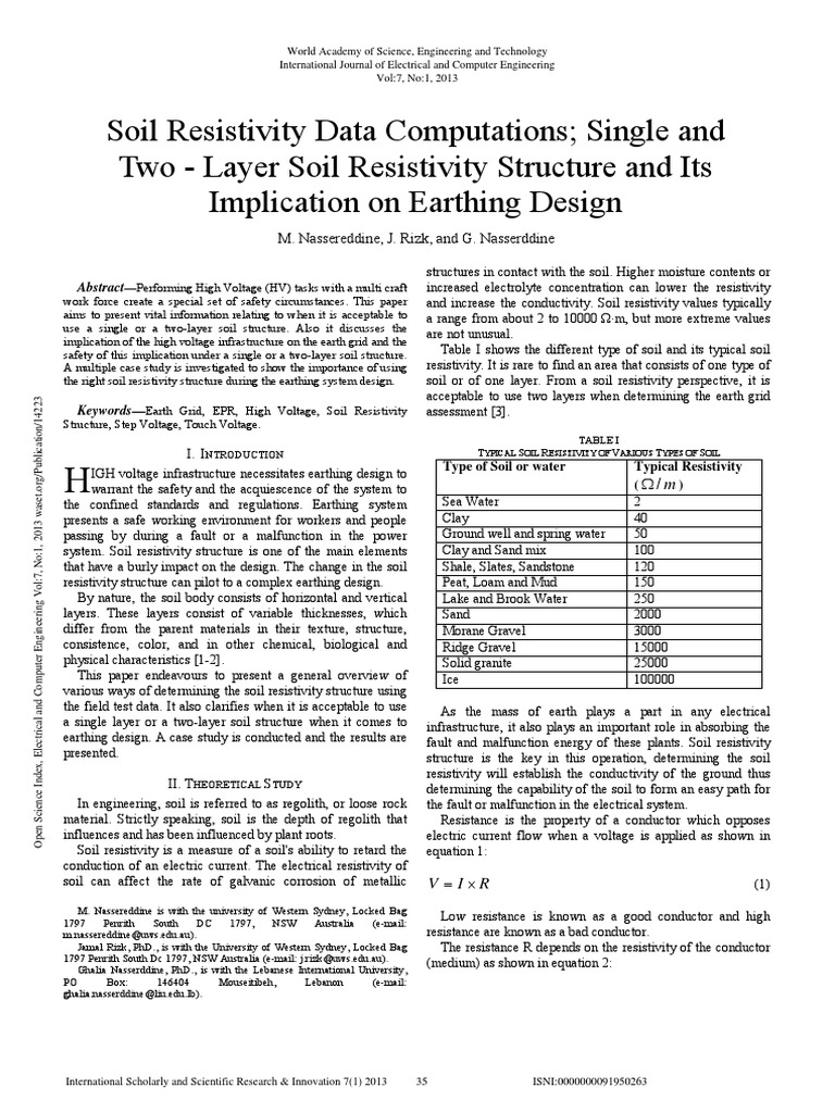 Soil Resistivity Data Computations Single and Two Layer Soil Resistivity Structure and Its ...