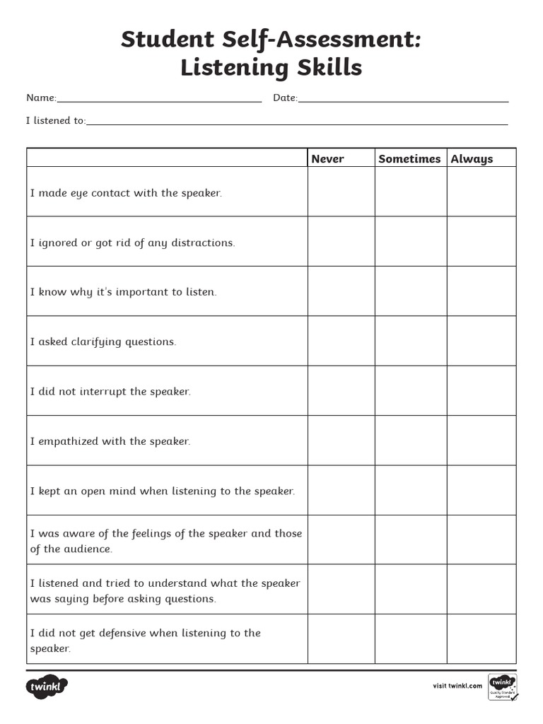 Student Self Assessment Chart