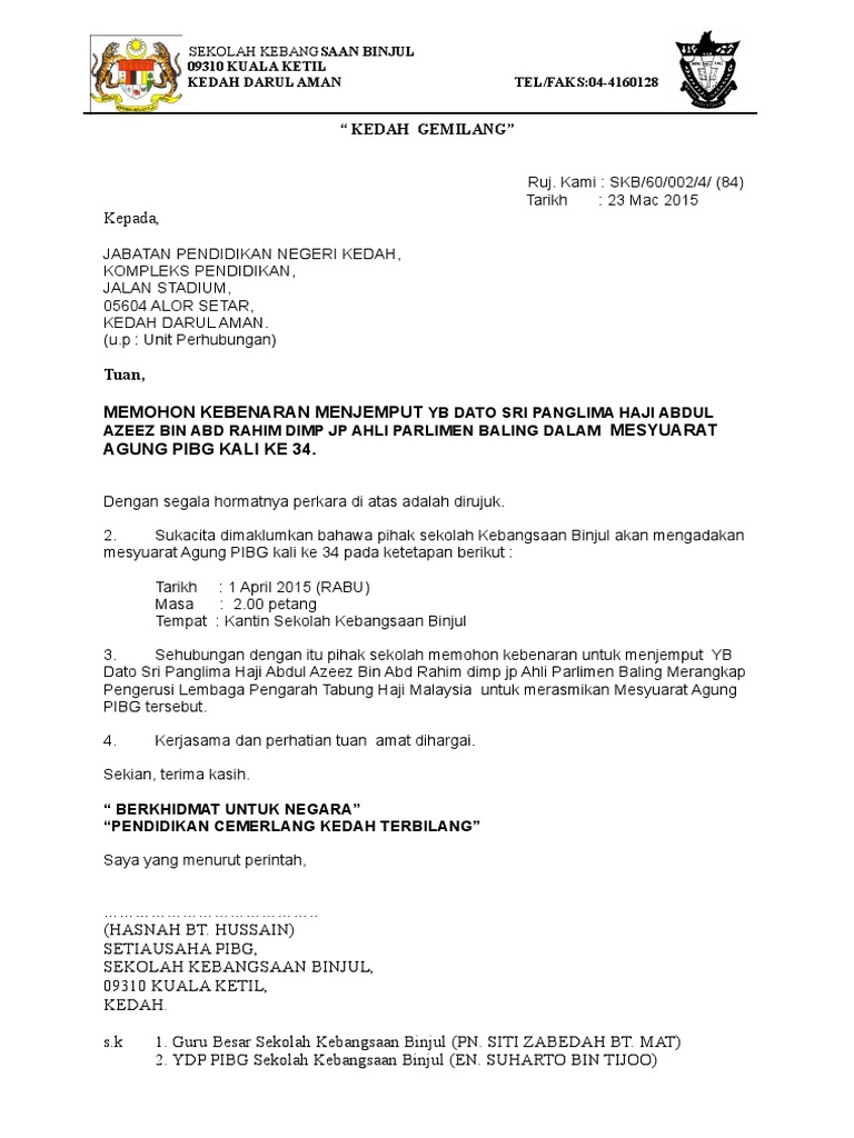 Surat Memohon Kebenaran Menjemput Yb Rasmi | PDF