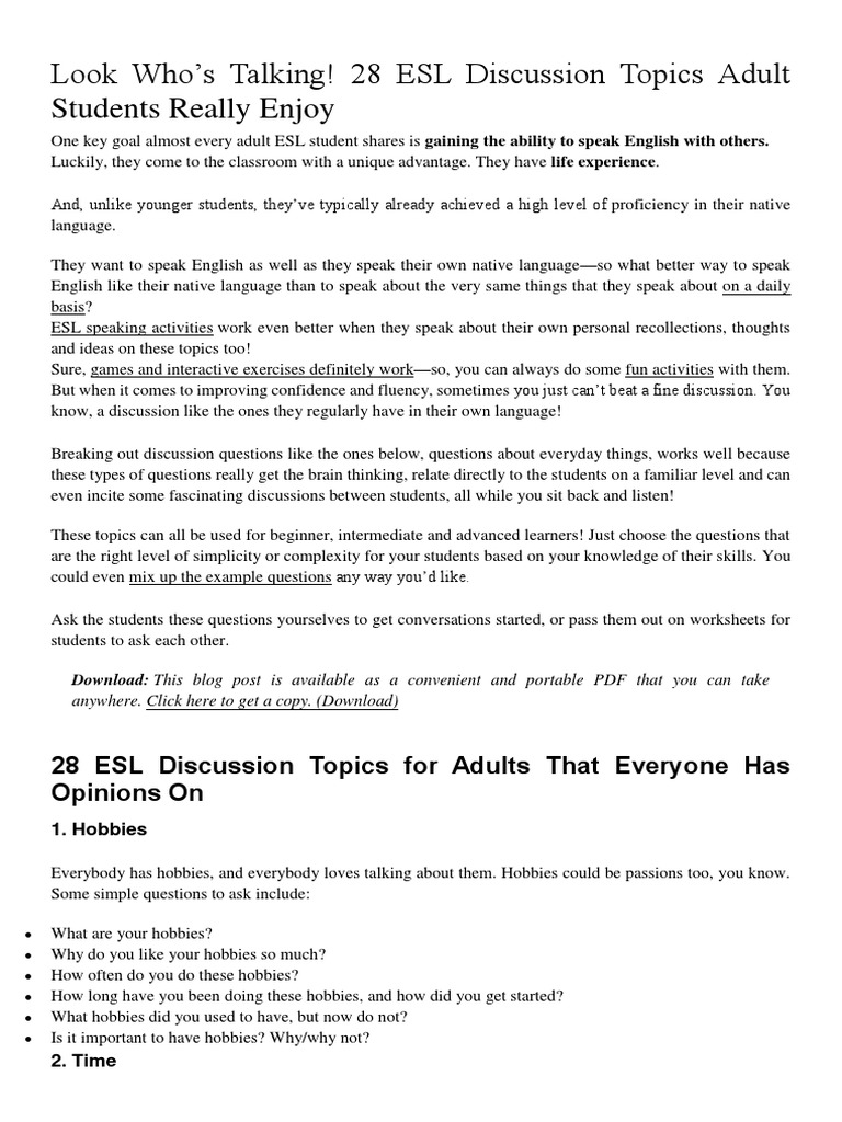 28 ESL Discussion Topics Adults Enjoy | PDF | English As A Second Or ...