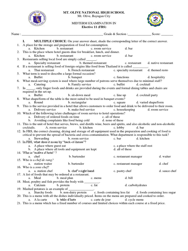 Periodic Exam in FBS - TLE | PDF | Restaurants | Chef