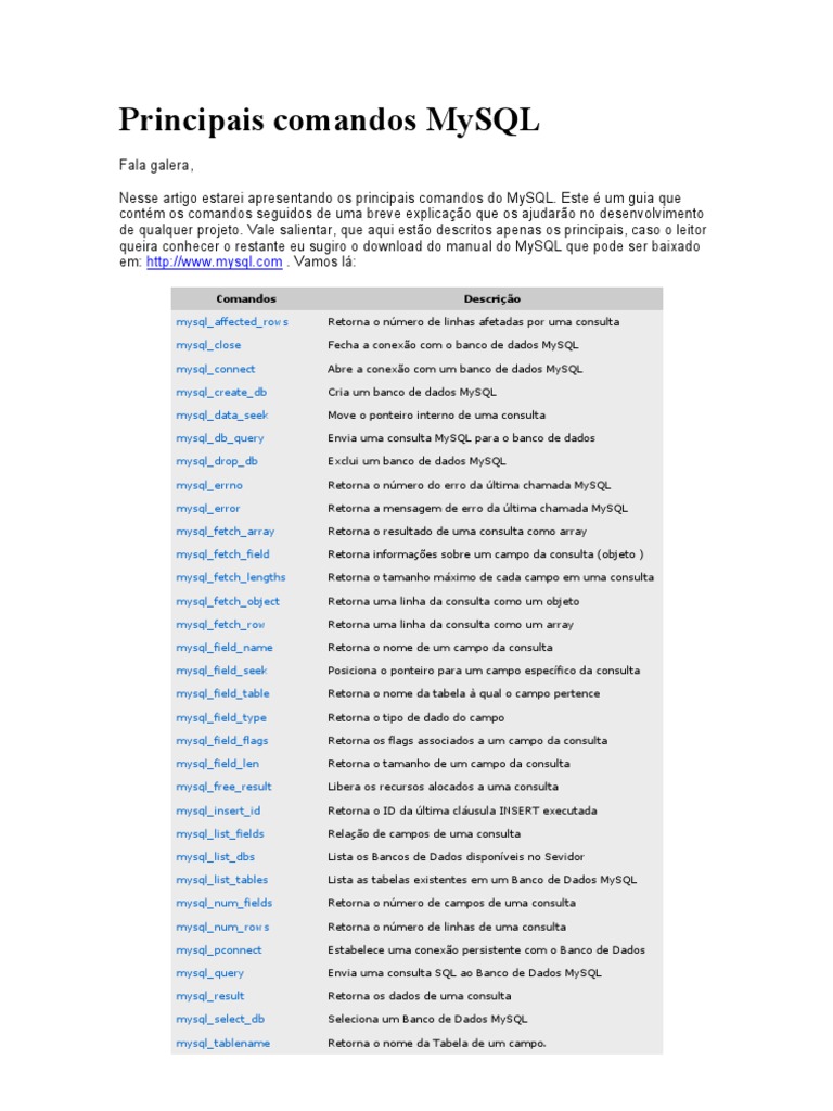Os principais comandos do MySQL para desenvolvimento de projetos | PDF ...