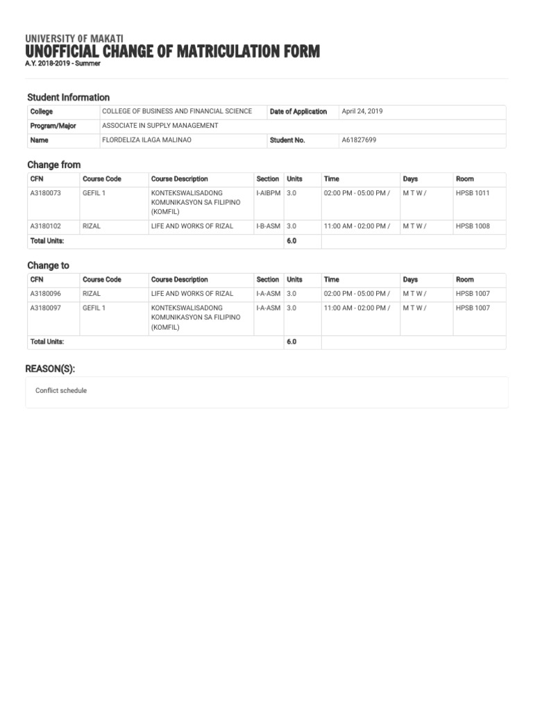 Unofficial Change of Matriculation Slip A.y.2018-2019 - Summer | PDF ...