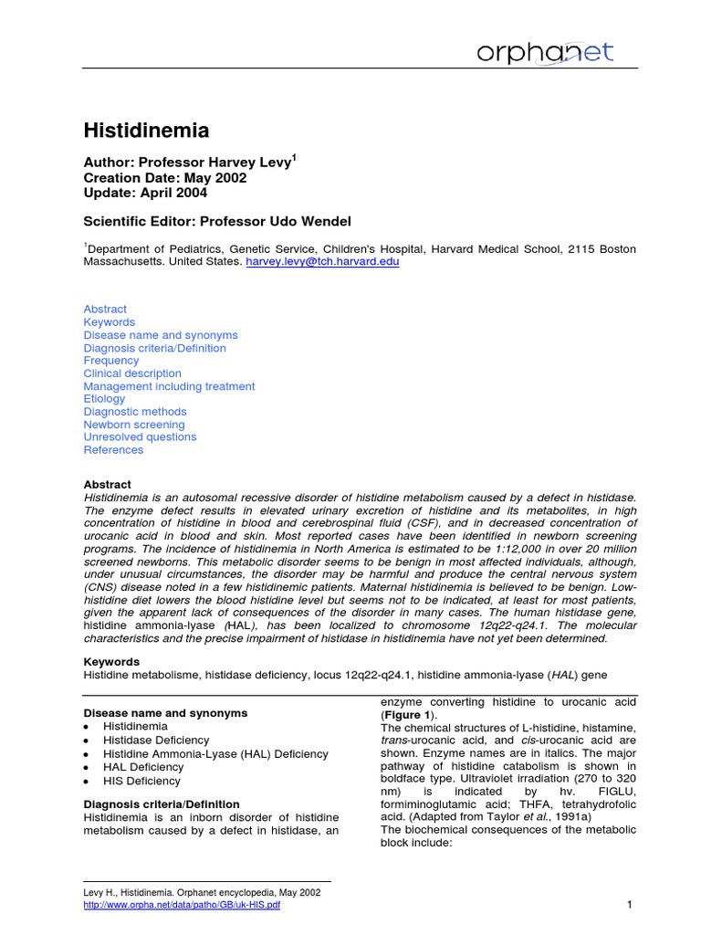 Histidinemia: A Rare Genetic Disorder of Histidine Metabolism | PDF ...