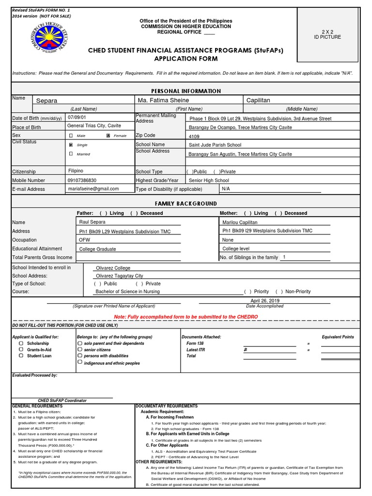 Ched Student Financial Assistance Programs (Stufaps) Application Form | PDF | Bachelor Of ...