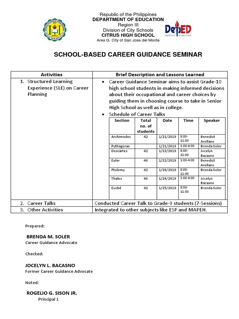 School-Based Career Guidance Seminar: Activities Brief Description and ...