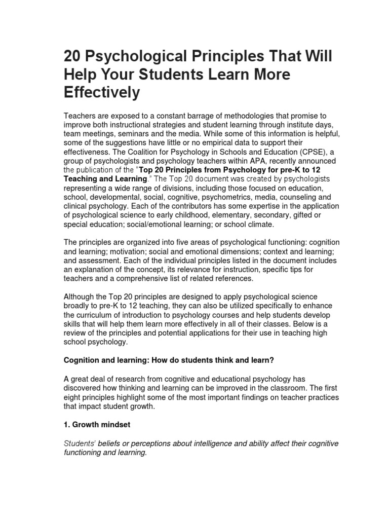 Top 20 Psychological Principles for Teaching | PDF | Educational ...